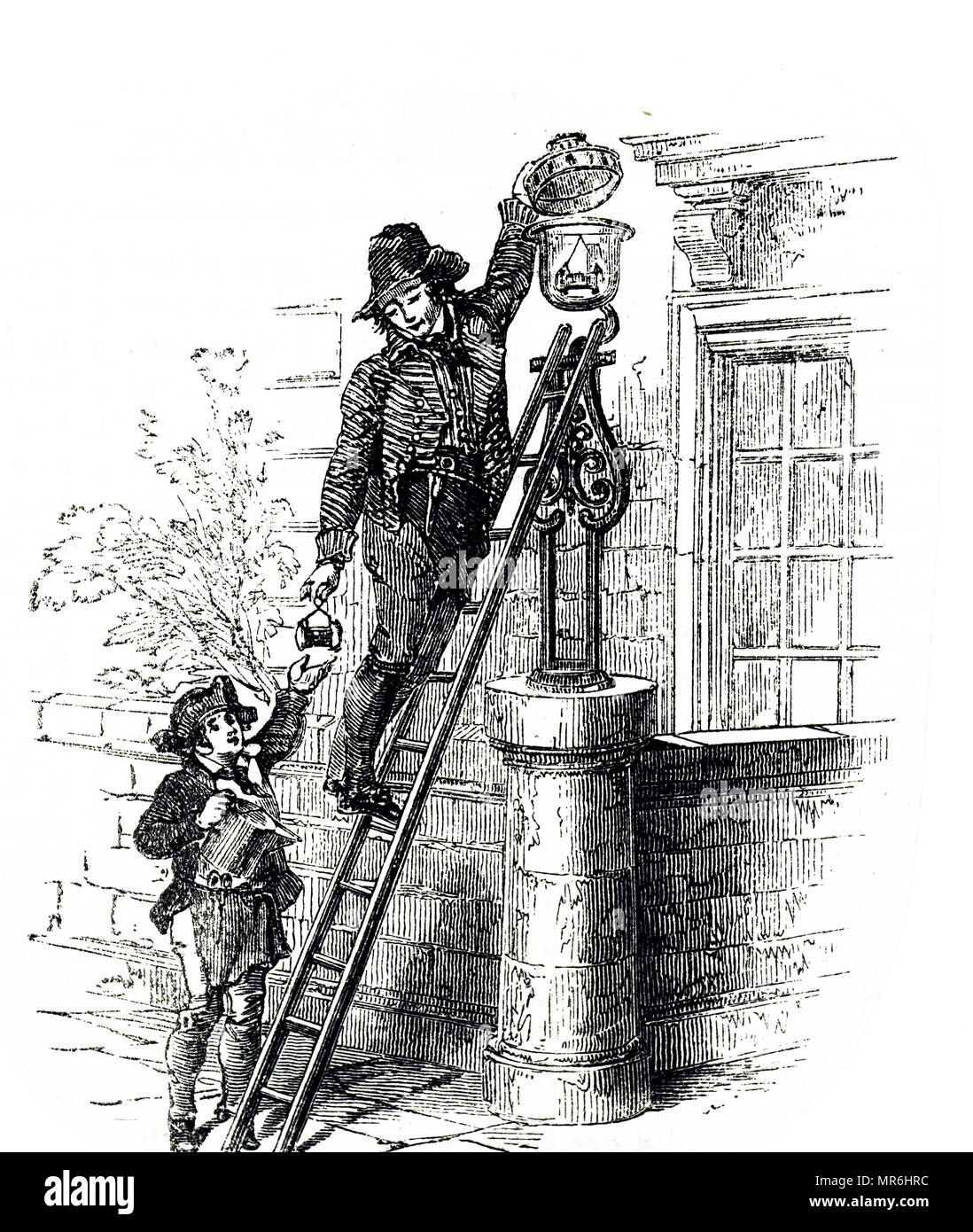 Engraving depicting a London lamplighter and his assistant recharging ...