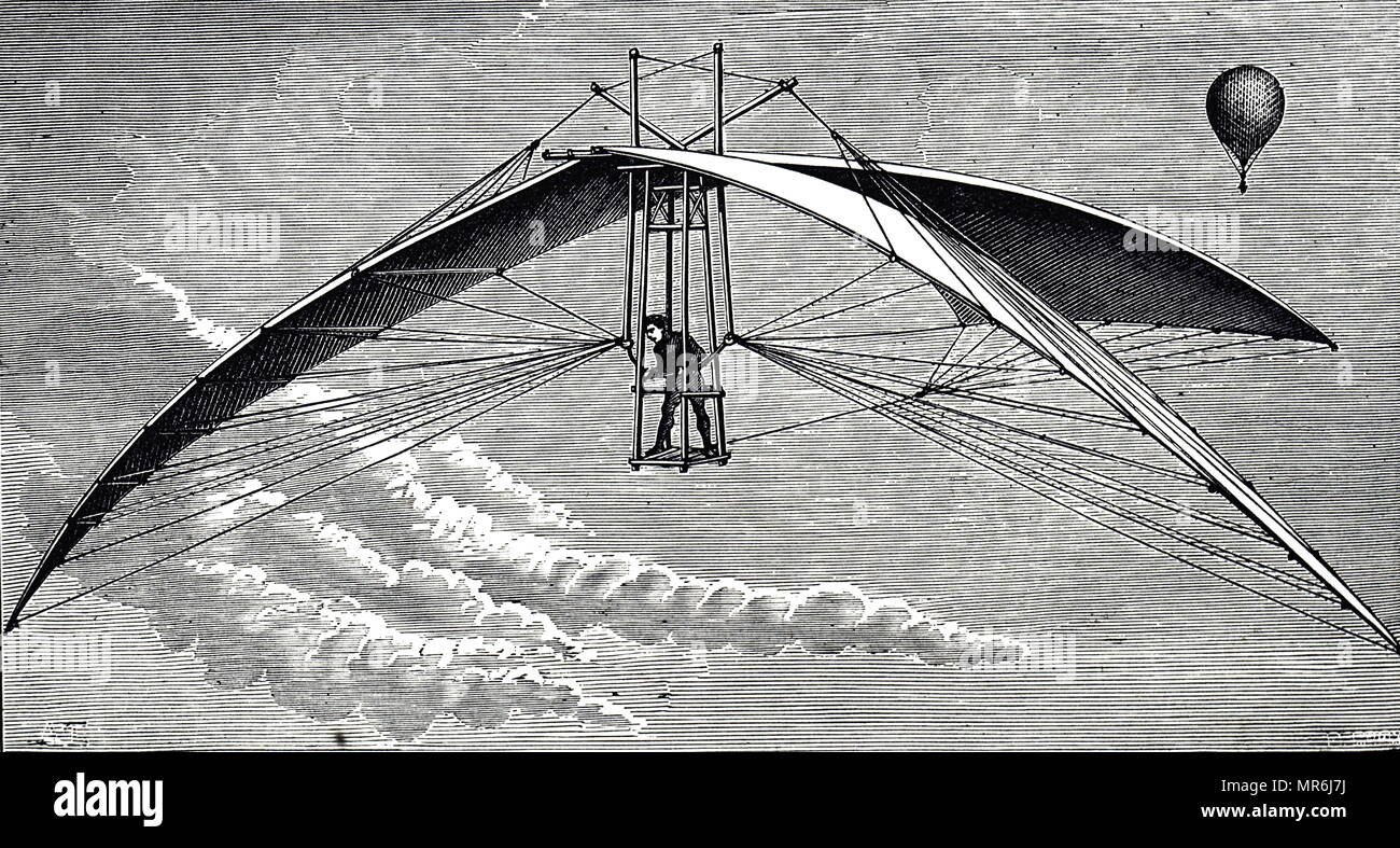 Engraving depicting De Groof's flying machine which rose from the ...