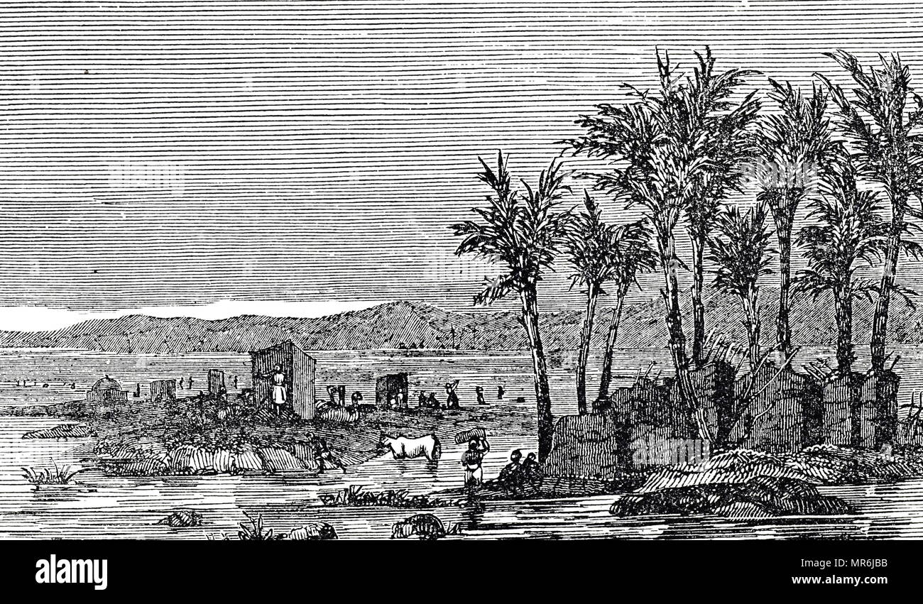 Engraving depicting the annual inundation of the Nile. This was vitally ...