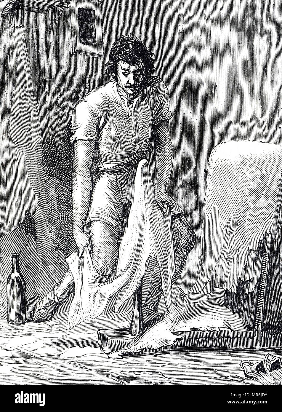Engraving depicting the softening of cured kid skin. Dated 19th century ...