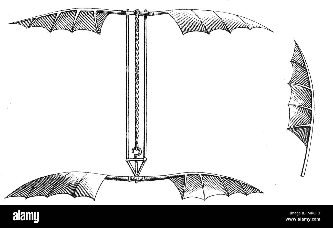 Engraving depicting Alphonse Pénaud's model helicopter driven by ...