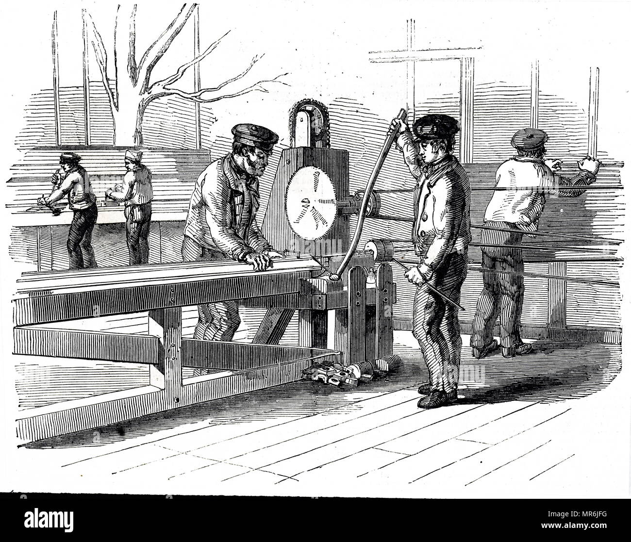 Engraving depicting a sash-bar finishing machine used during the ...