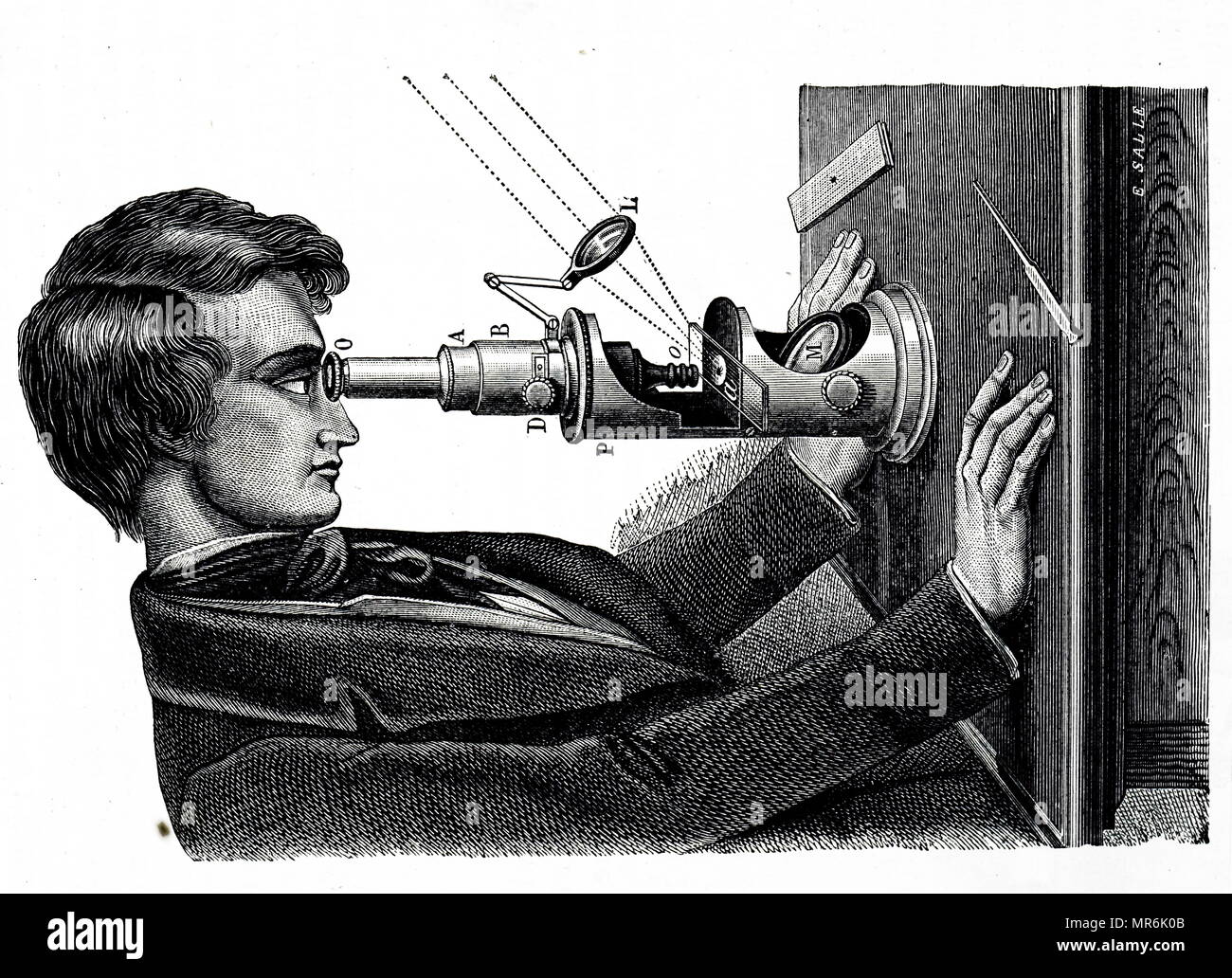 Engraving depicting the use of a compound microscope. The lens attached ...
