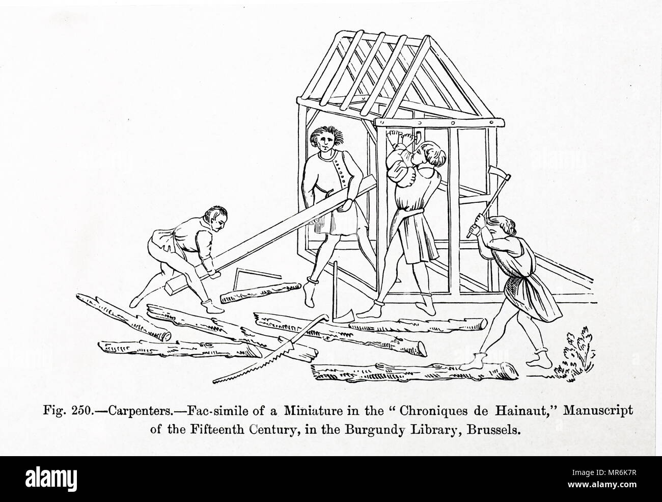 Woodcut engraving depicting carpenters erecting a building. Dated 15th ...