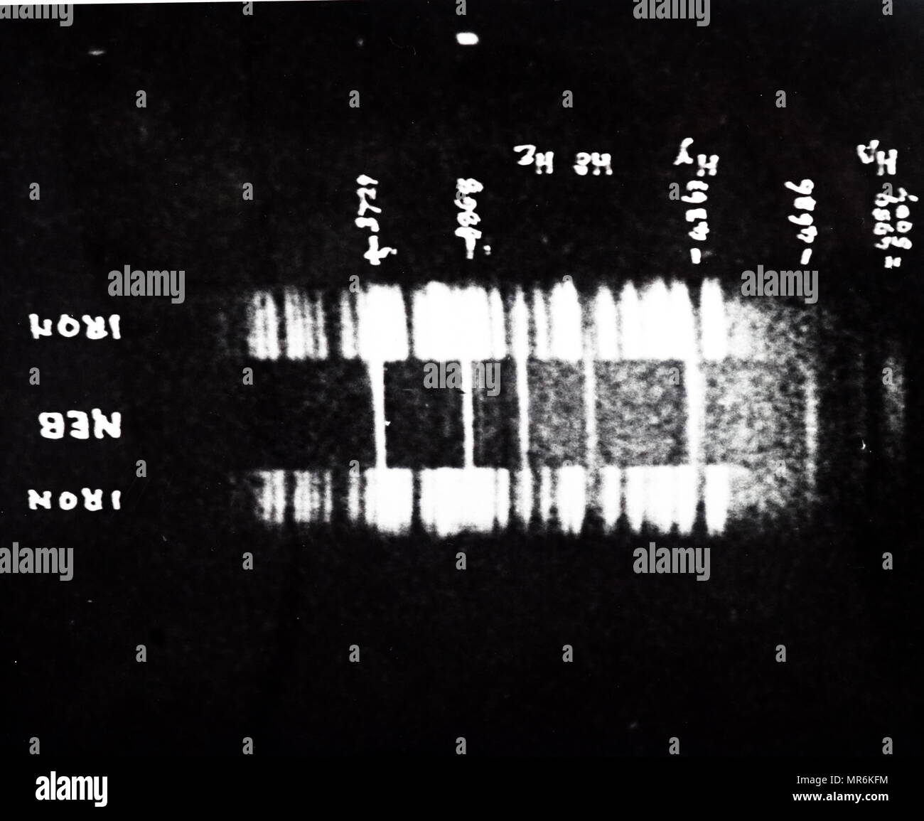 Spectrum of a dumb-bell nebula, with comparison spectra above and below ...