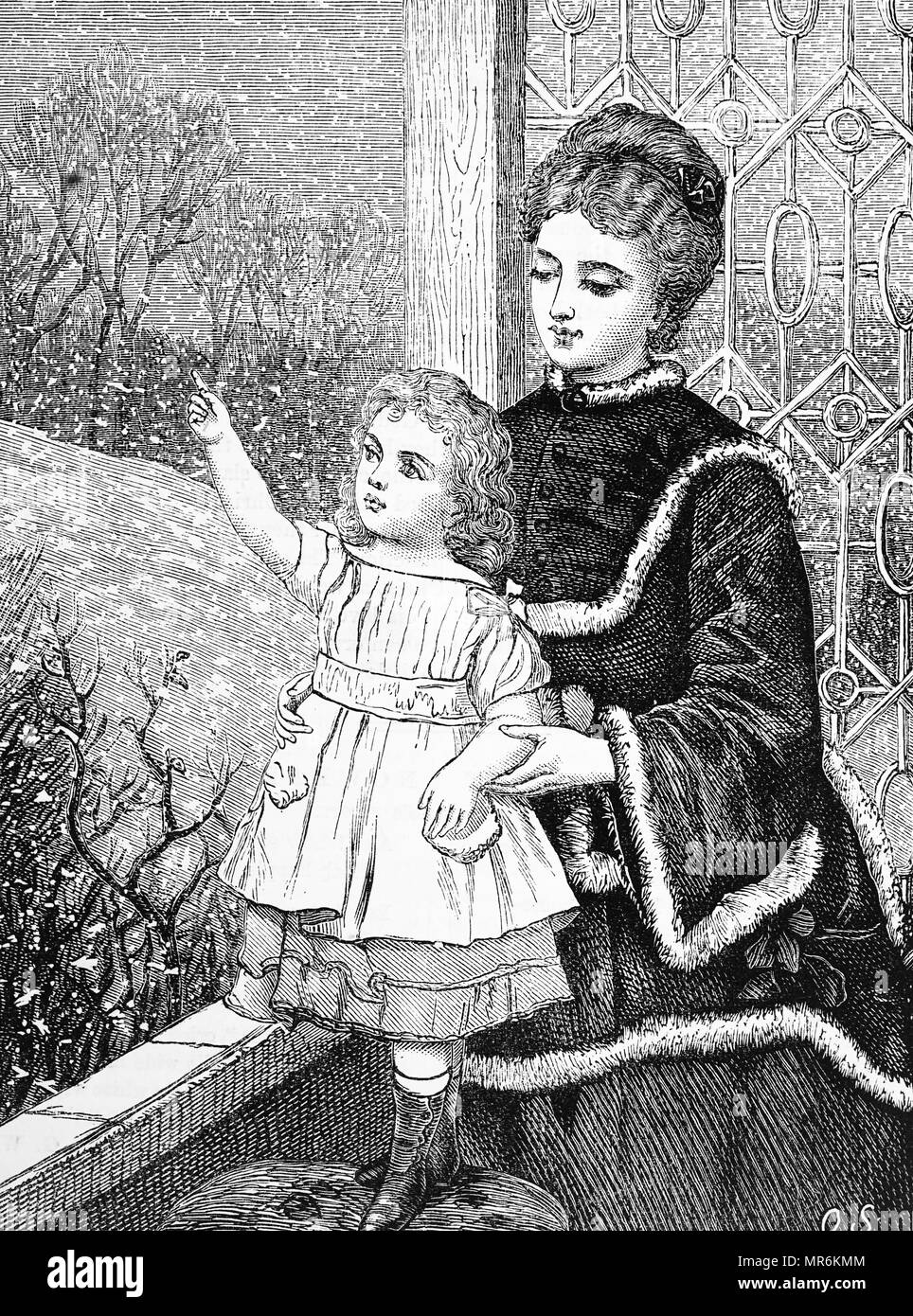 Illustration Depicting A Mother And Daughter Watching Snowflakes Fall