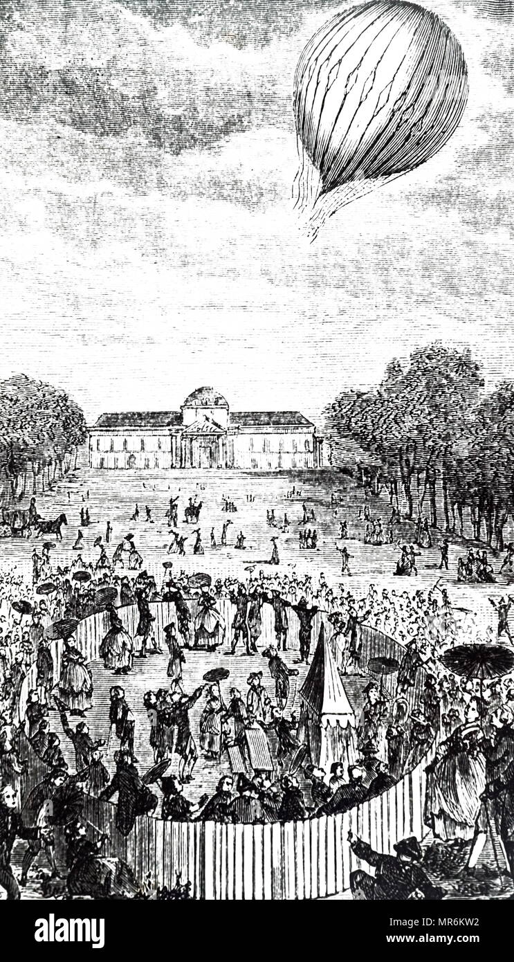 Engraving depicting Jacques Charles' first successful flight in his ...