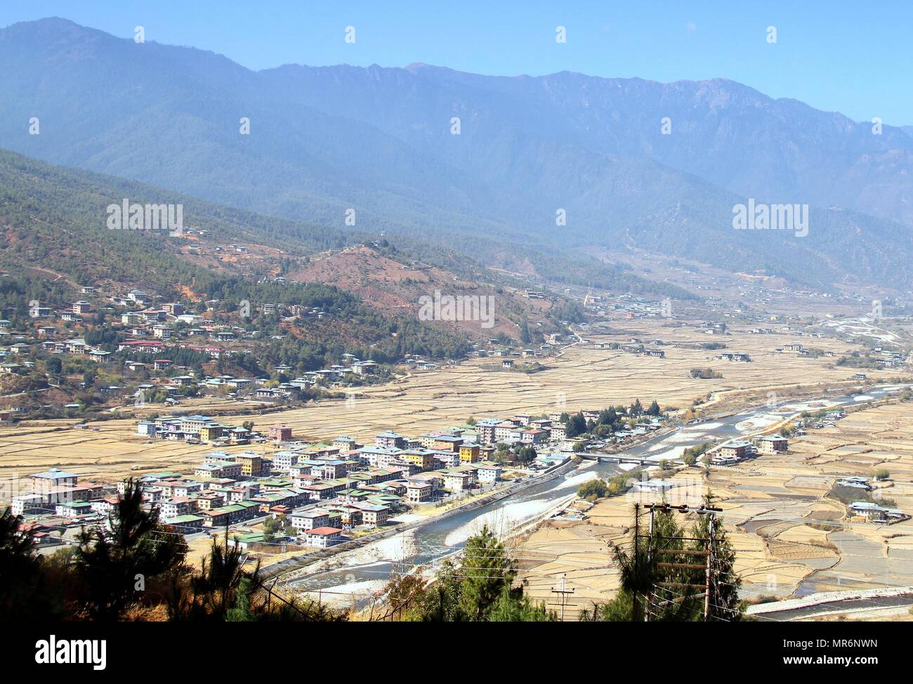Aerial view of Paro City with colorful houses landscape near a river ...
