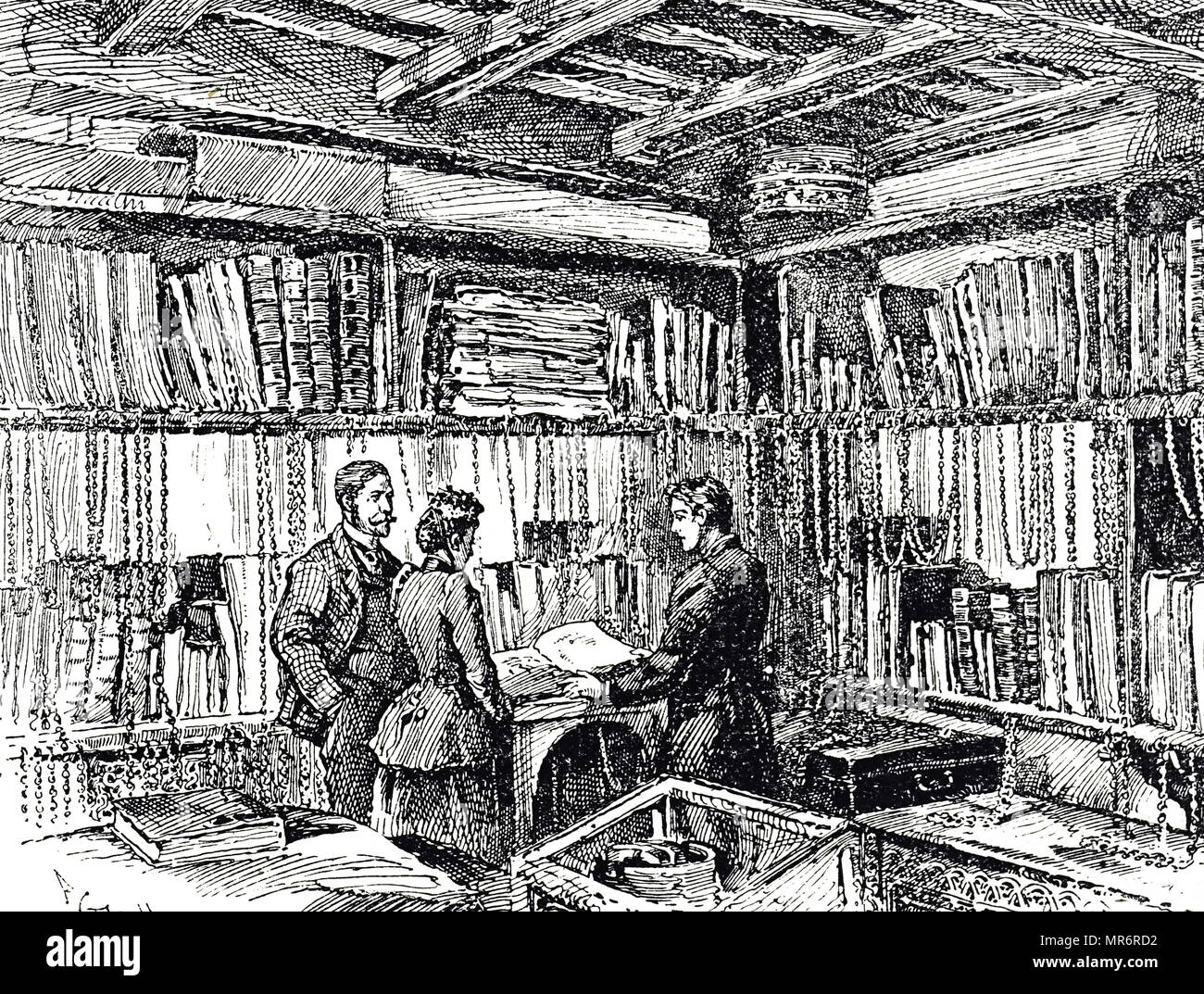 Engraving depicting the chained library at Wimborne Minster, Dorset ...