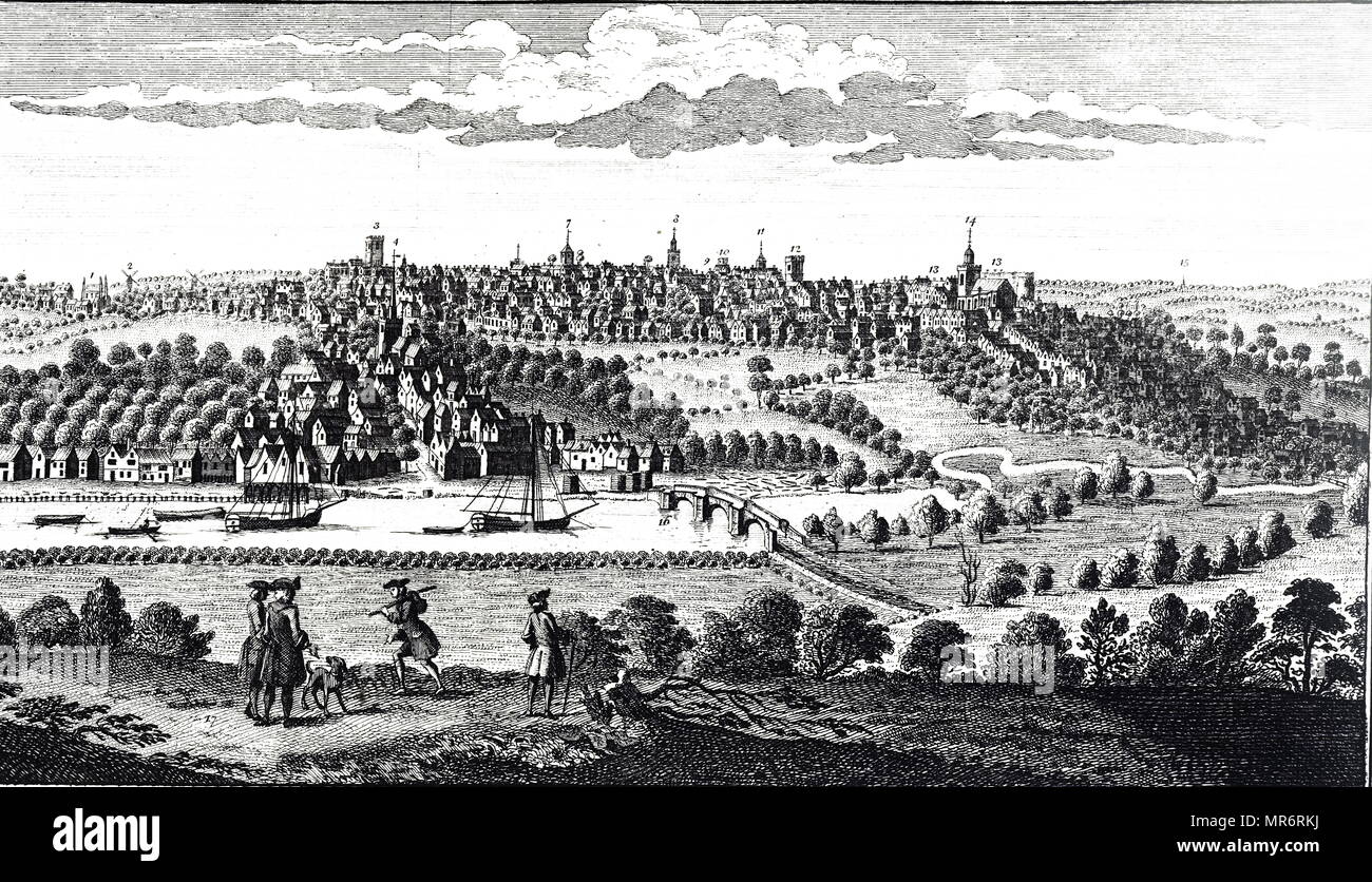 Engraving depicting a view of Colchester from Clingoe Hill. Showing ...