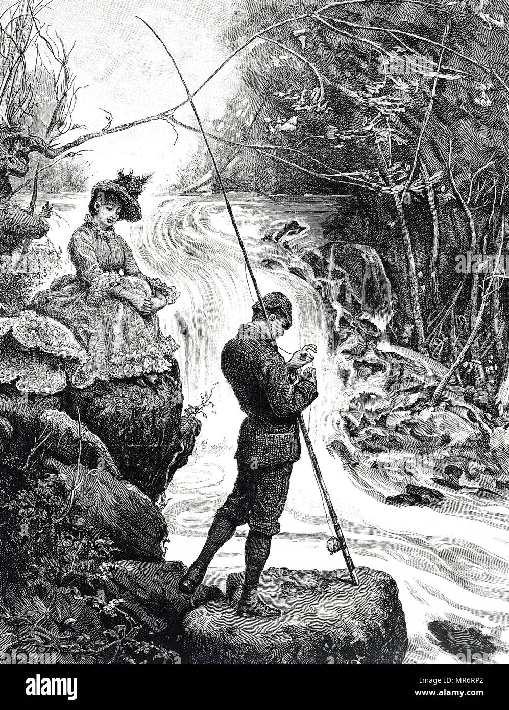 Cartoon depicting a couple enjoying a day of fishing. Dated 19th ...