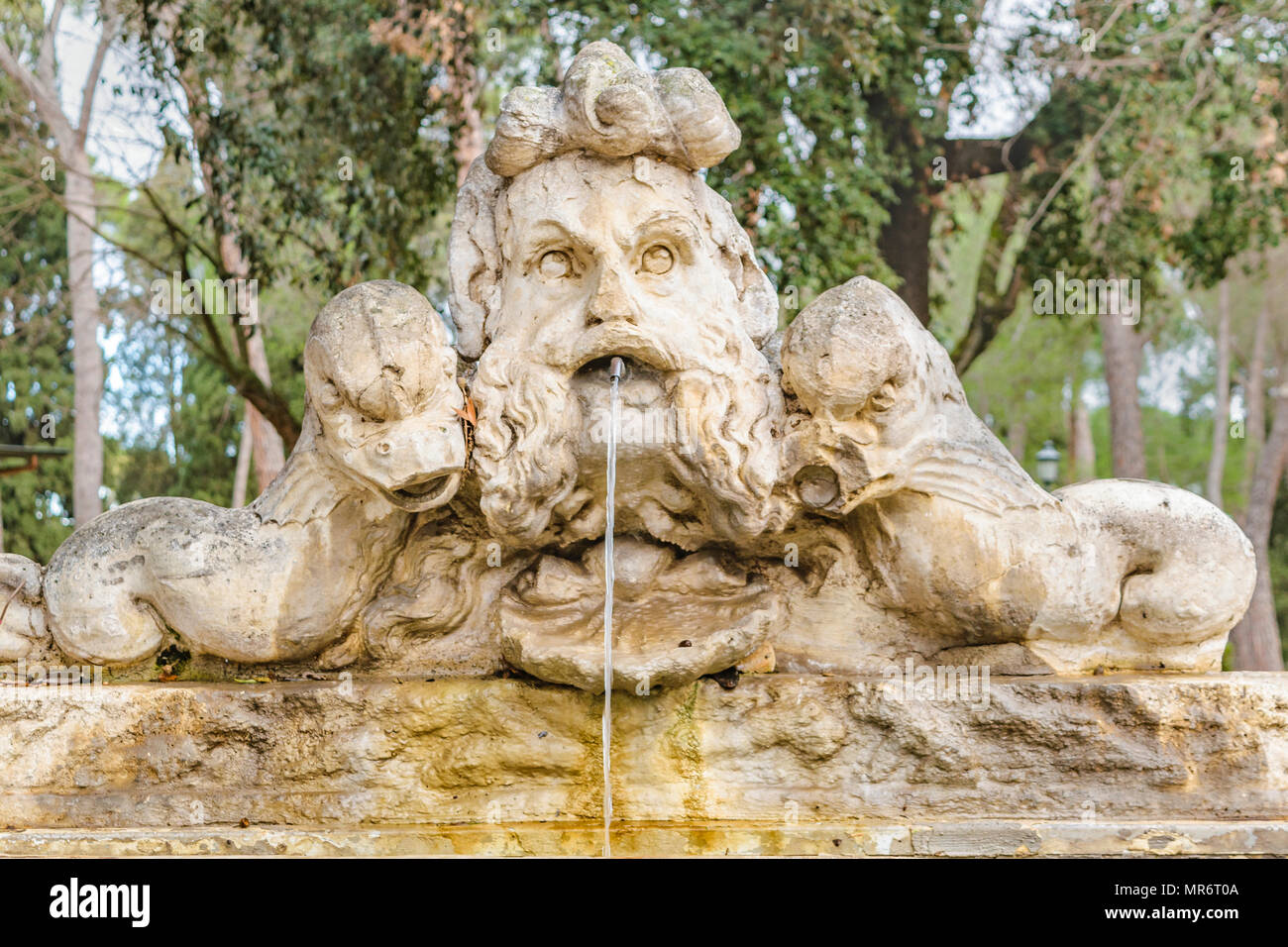 Front view of sculptural head and snakes fountain at villa borghese ...