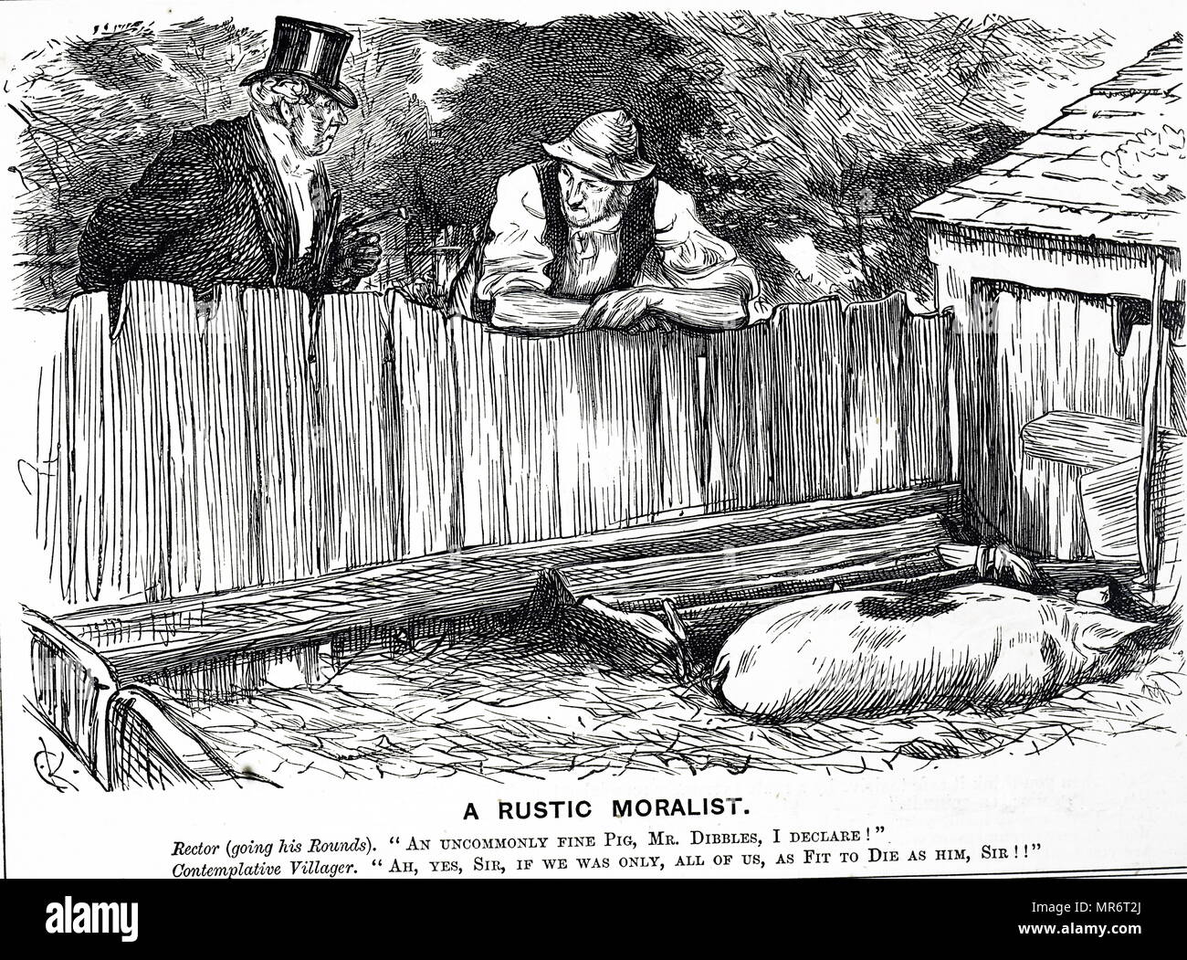 Cartoon titled 'A Rustic Moralist' depicting a Rector, Villager and an ...