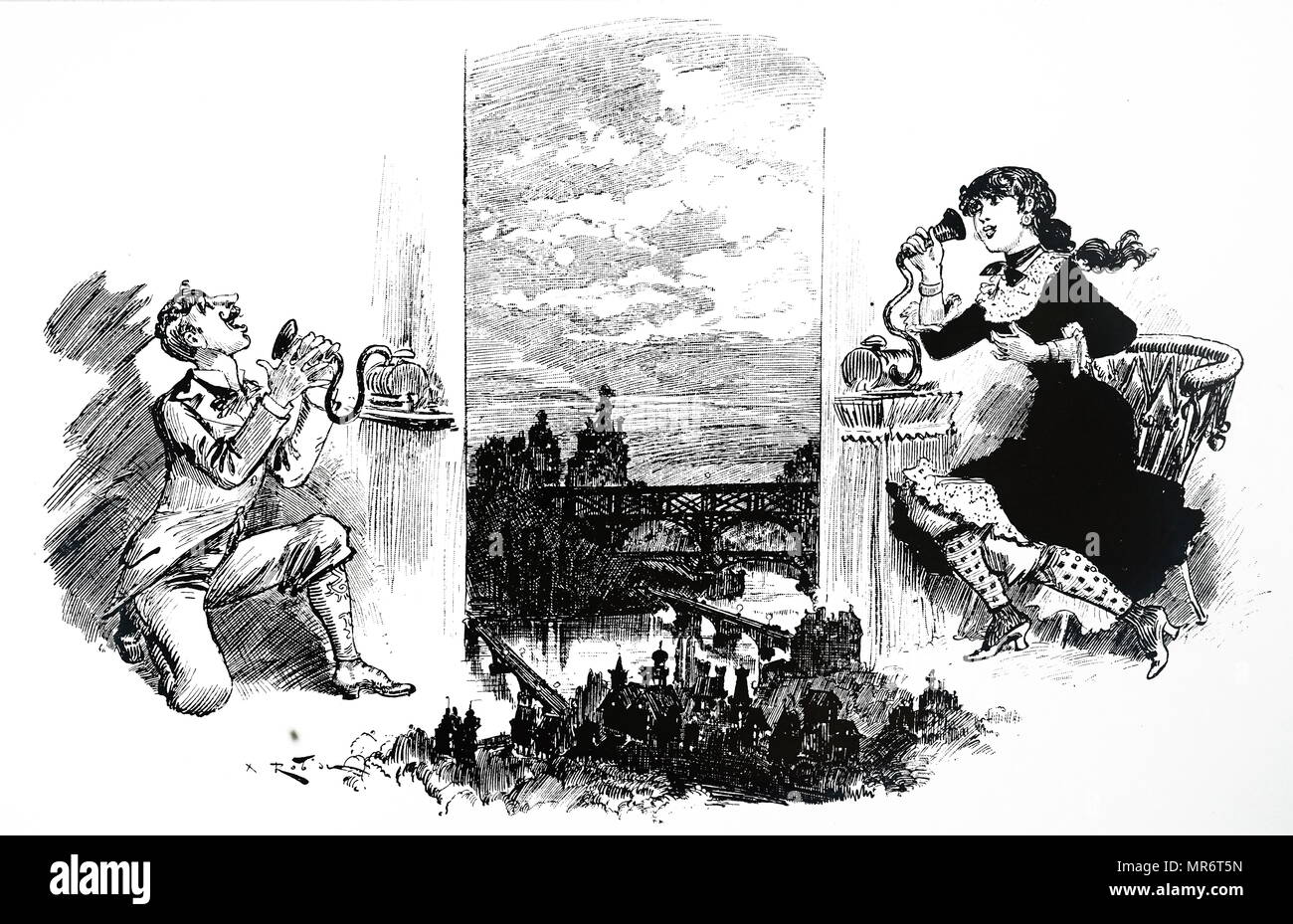 Cartoon depicting the courtship between a man and woman being conducted ...