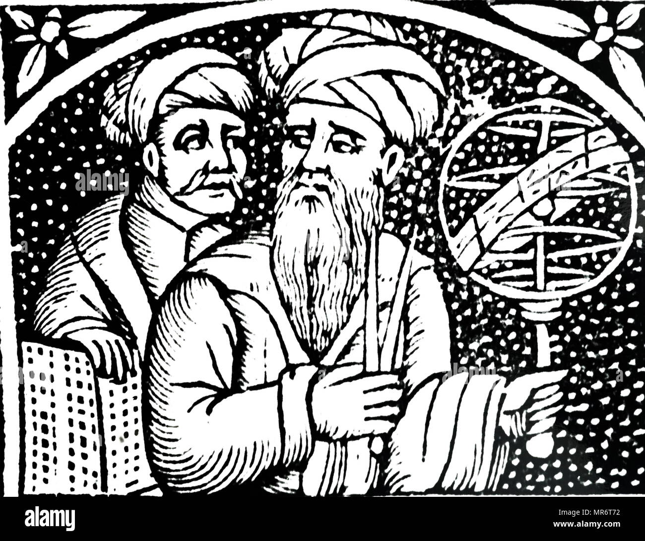 Woodblock engraving depicting Arab astronomers. One holds an armillary ...
