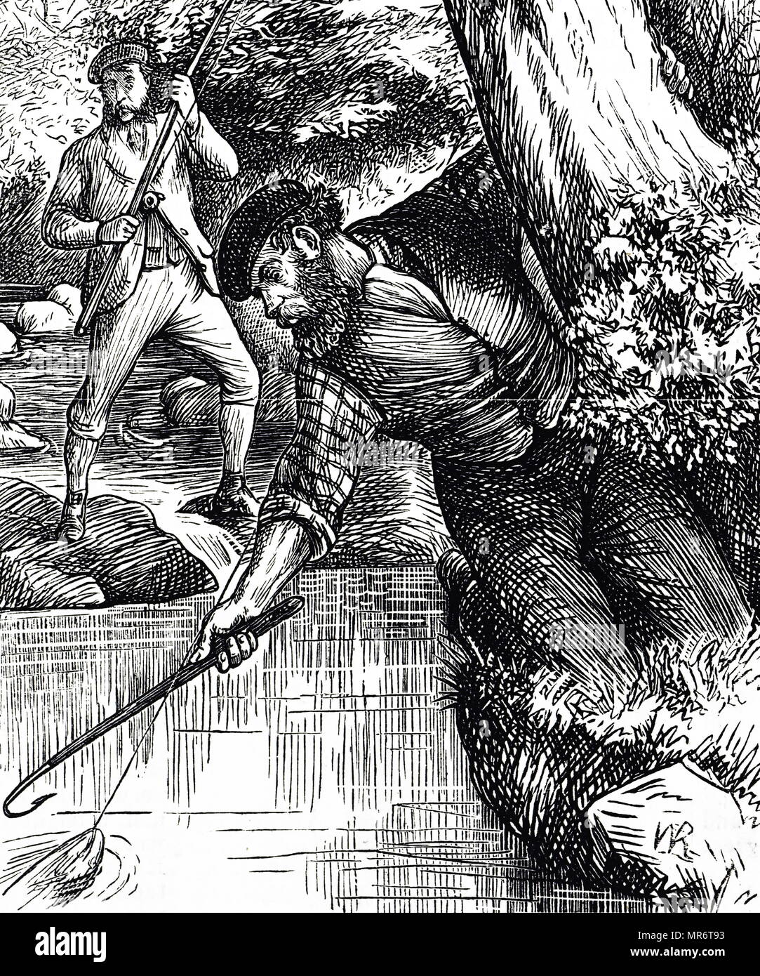 Cartoon depicting two men fishing for salmon. Dated 19th century Stock ...