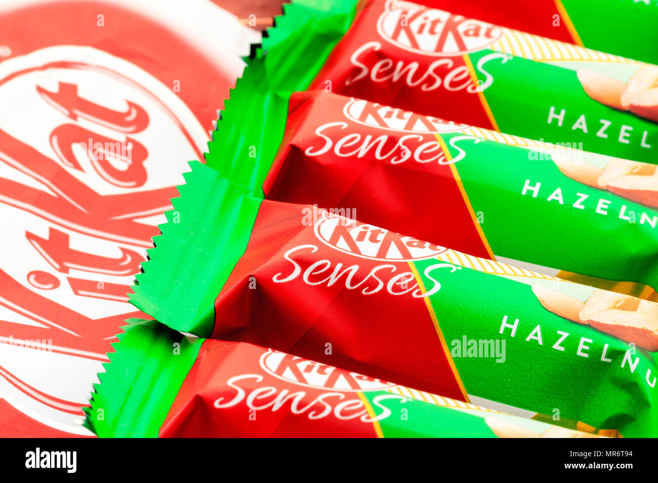 English Kitkat Senses Hazelnut packets lines up with a larger kitkat ...