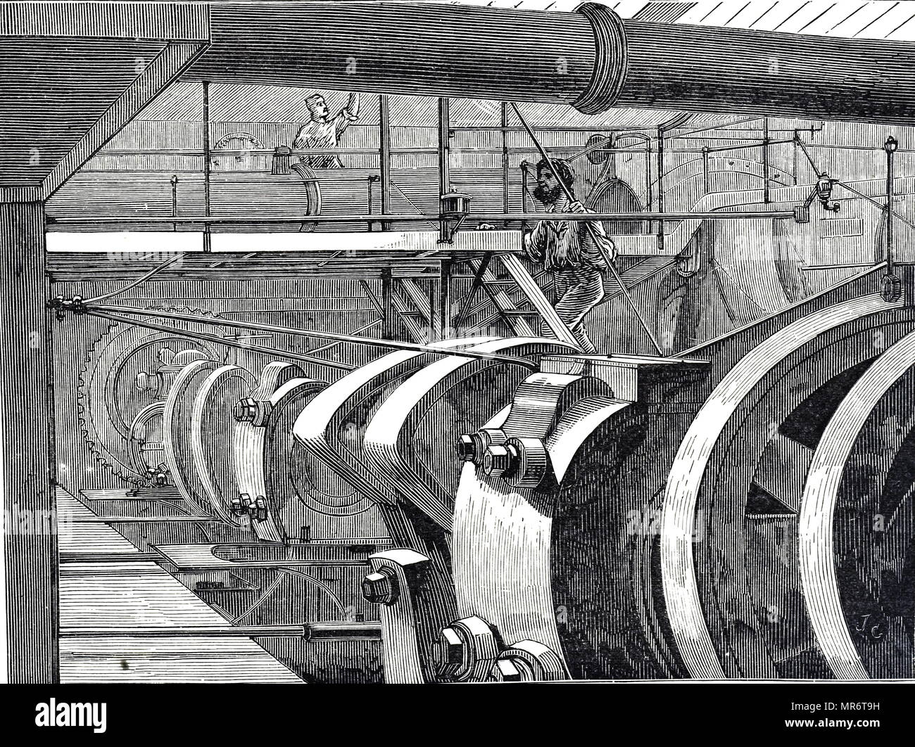 Engraving depicting the engine room of the HMS Warrior, the first iron ...