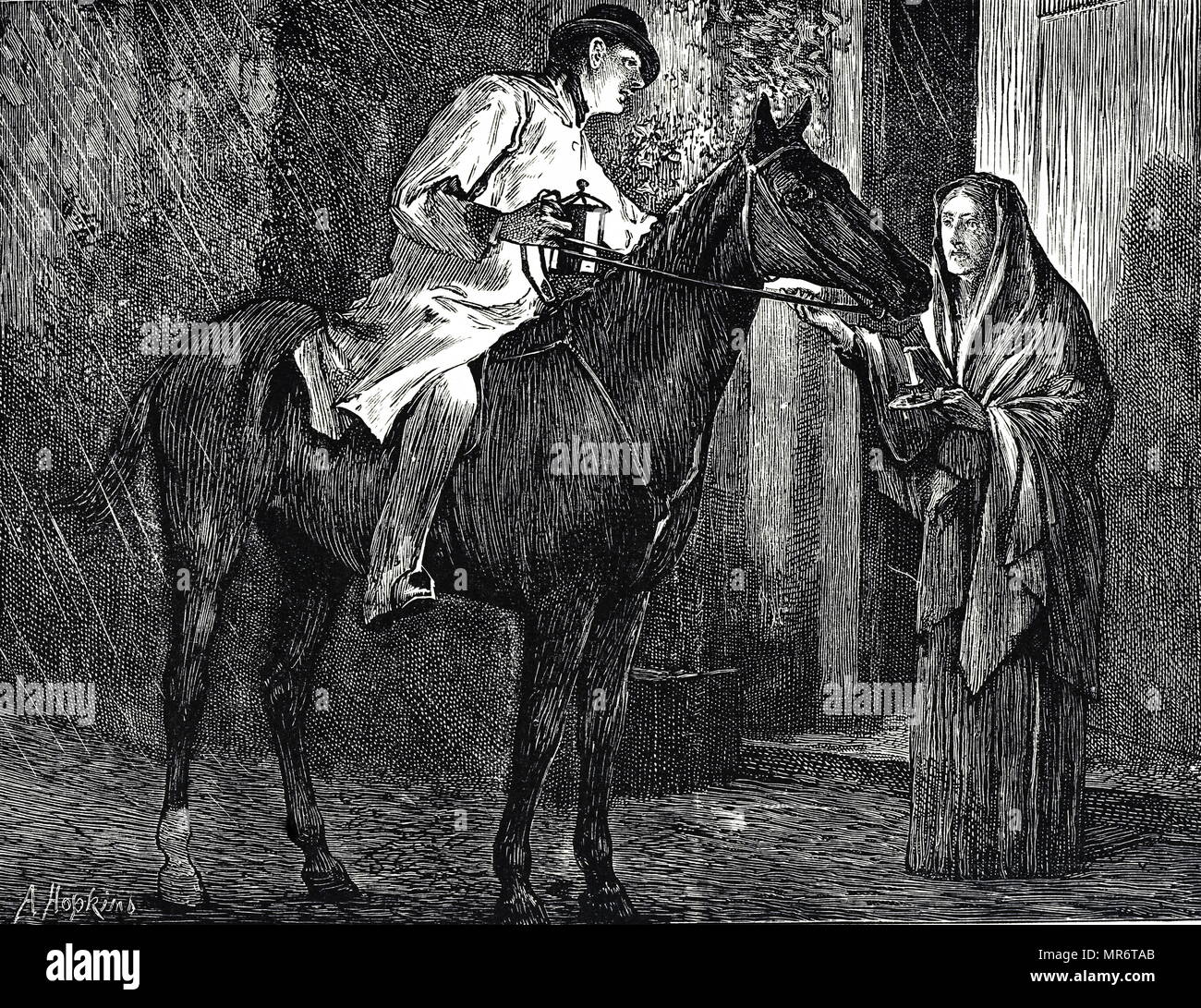 Engraving depicting a man with a storm lantern, on horseback ...