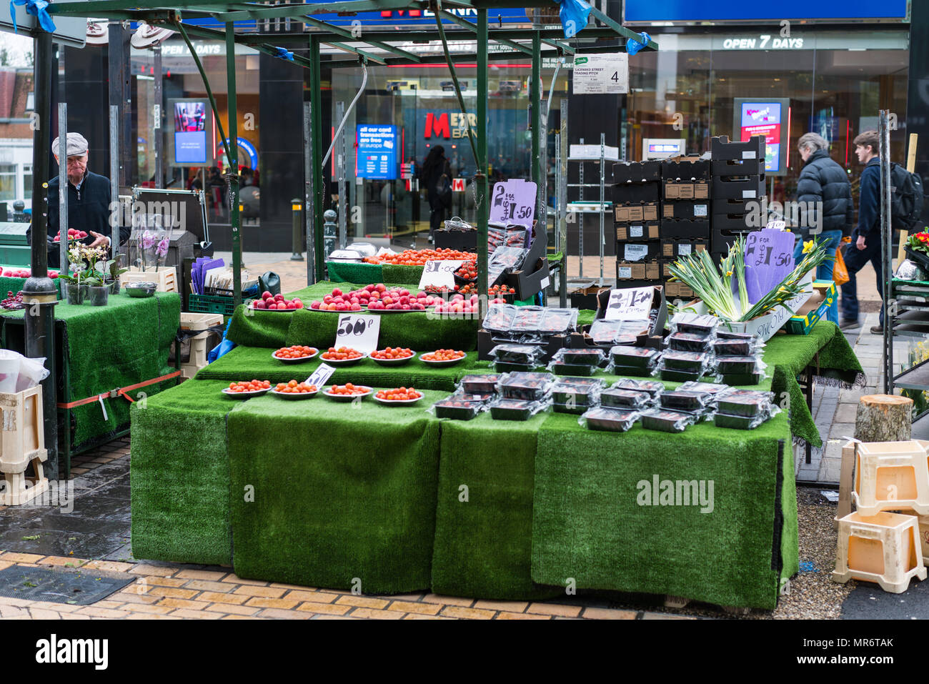 LONDON, UK – MAR 2018: Vegetable and fruit stall on street sarket in ...