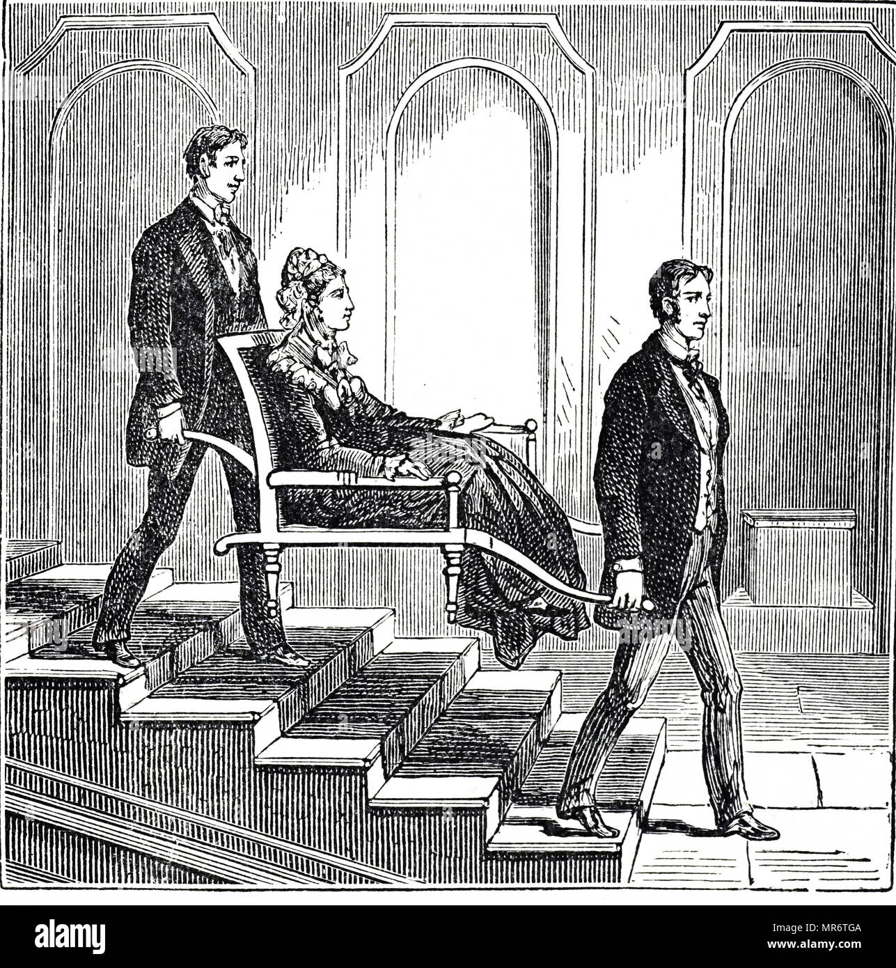 Engraving depicting a invalid chair designed to make it easy to carry a ...