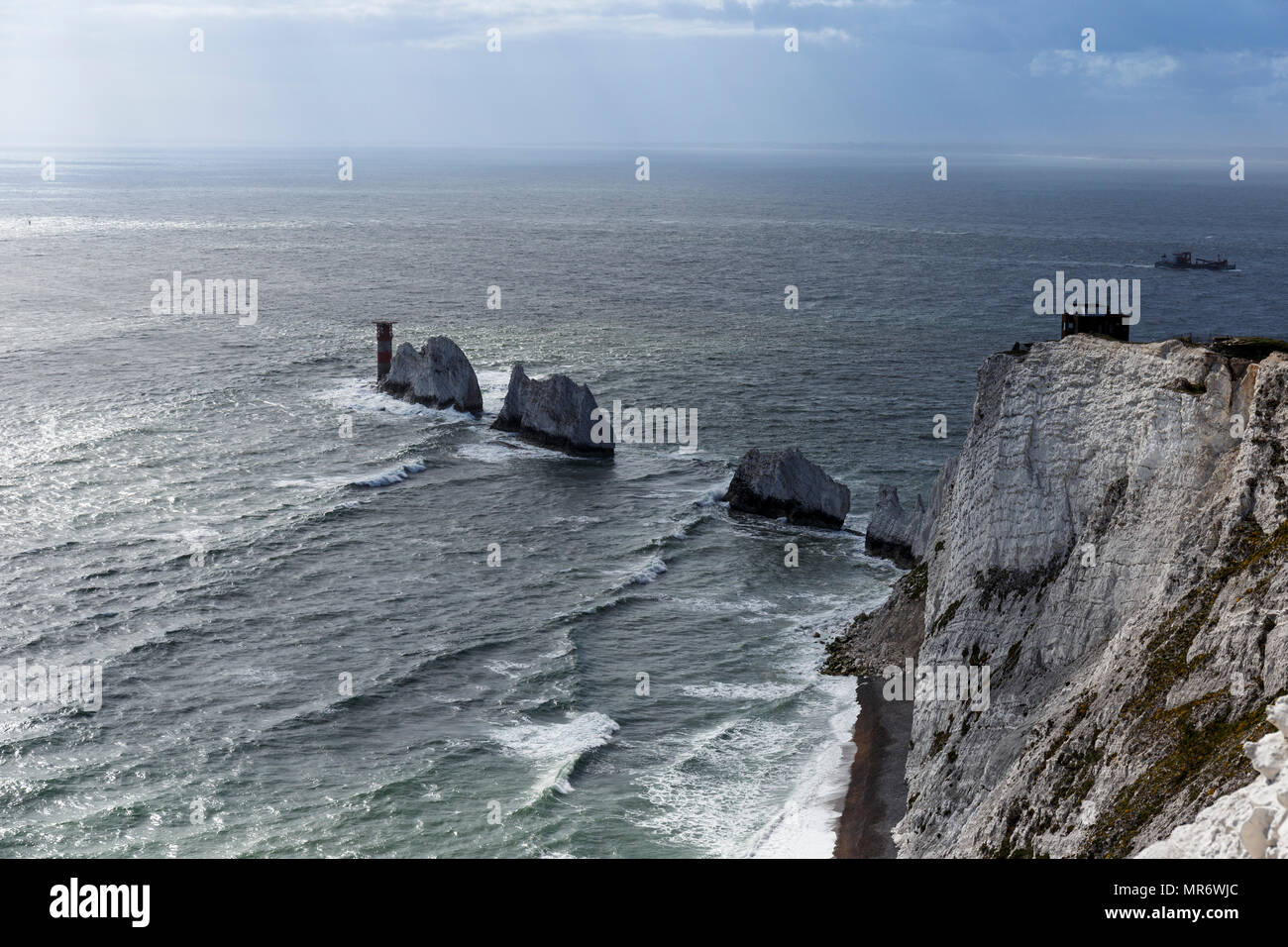 The Needles, lighthouse and chalk cliffs, Isle of Wight, UK Stock Photo ...