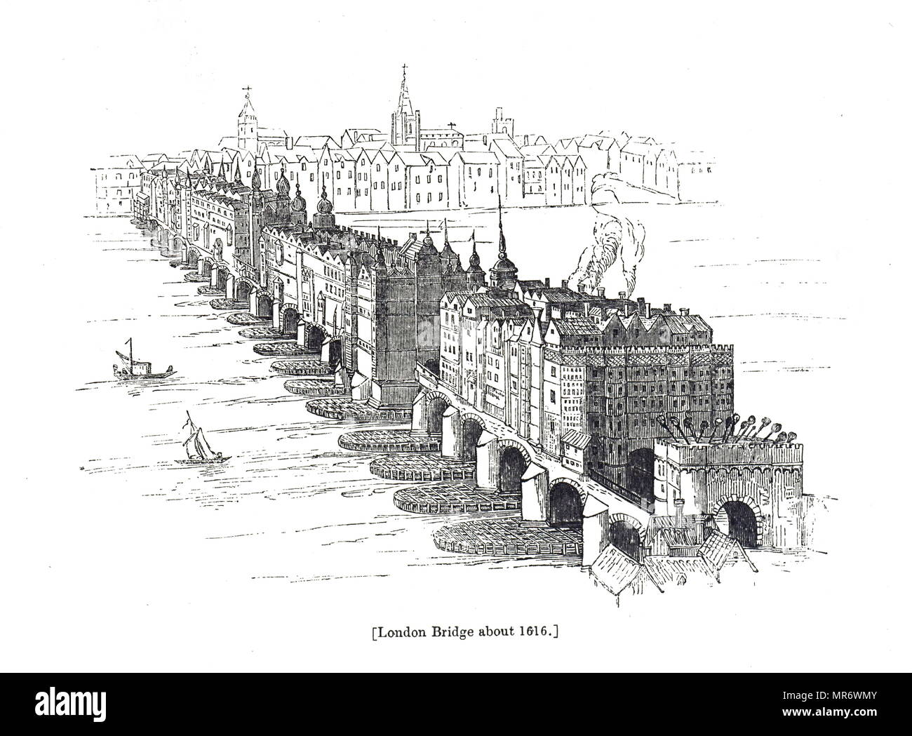 Woodblock engraving depicting London Bridge as it appeared in 1616 ...