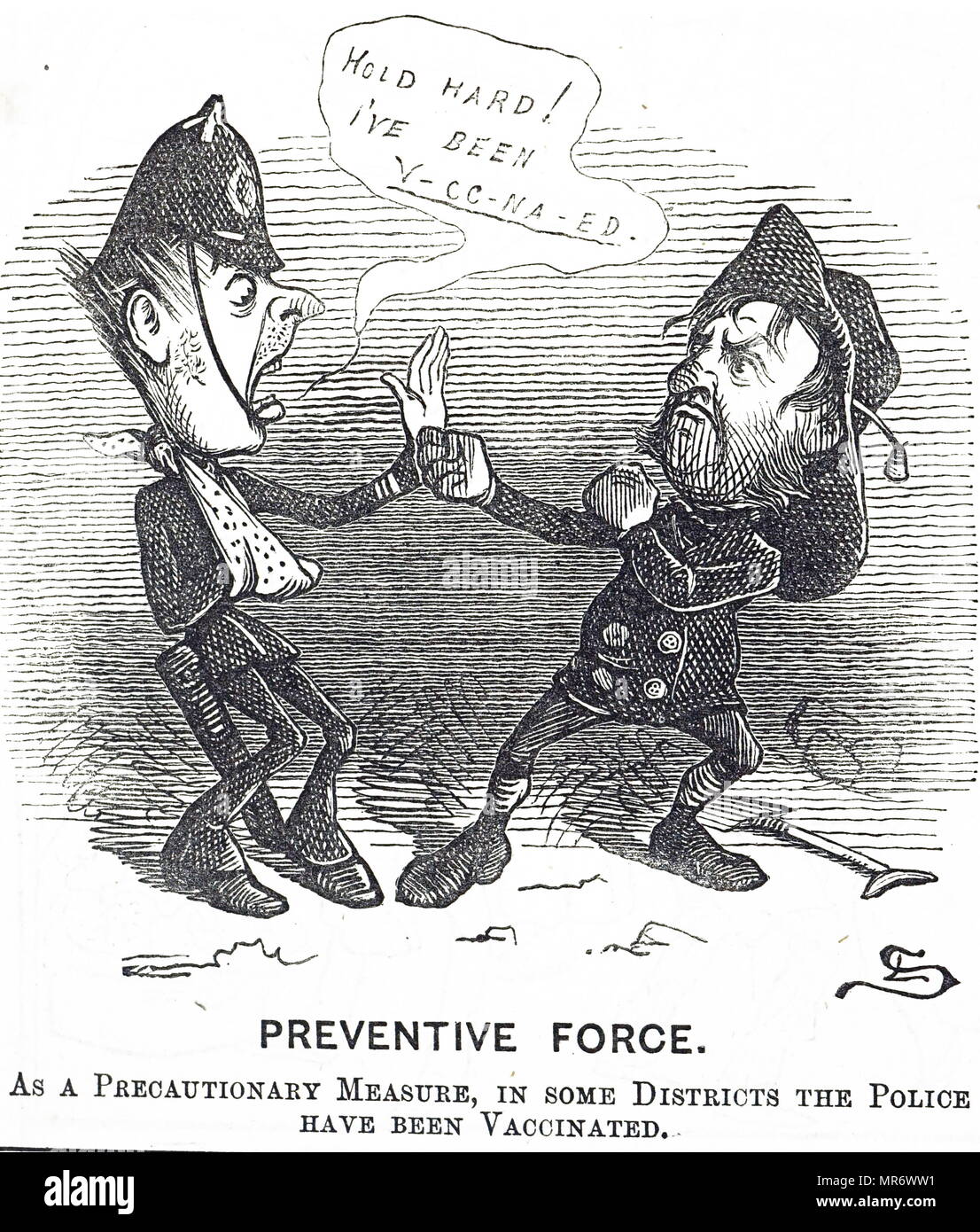 Cartoon depicting a vaccinated policeman pleading for gentleness from a ...