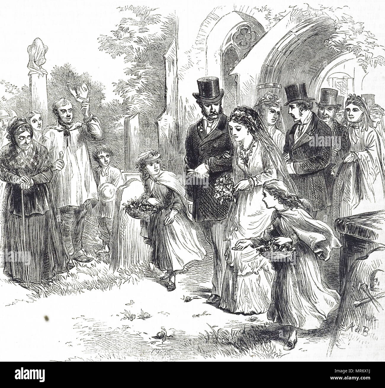 Illustration depicting a bride and groom leaving a church. Dated 19th ...