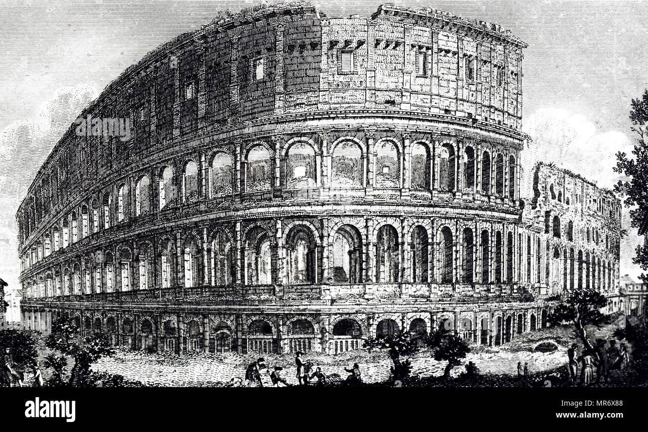 Engraving depicting the Coliseum, an oval amphitheatre in the centre of ...