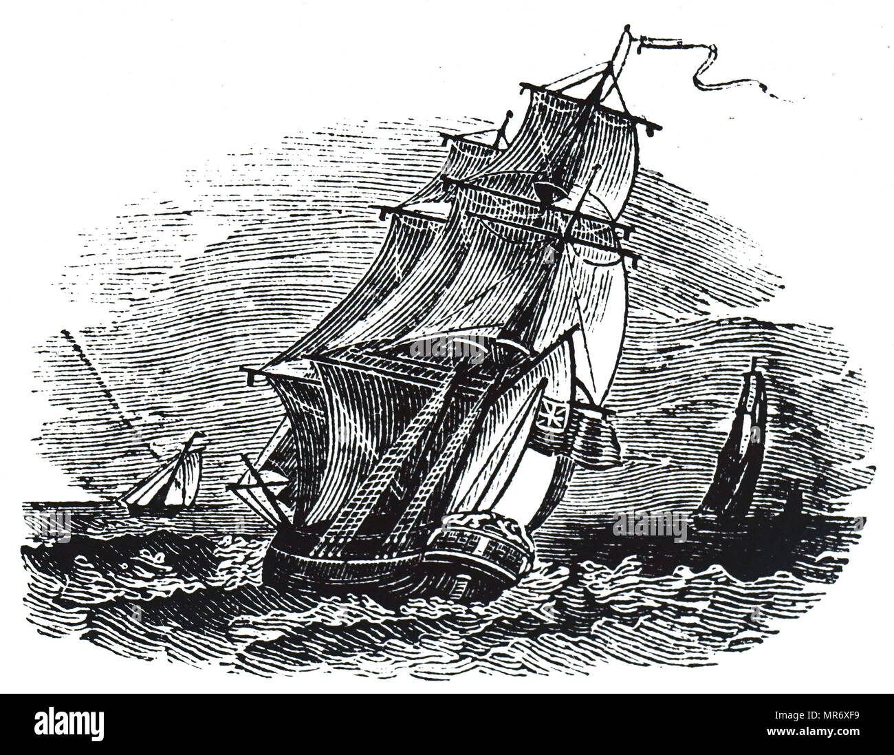 Engraving depicting a sailing ship caught in a stiff breeze and choppy ...