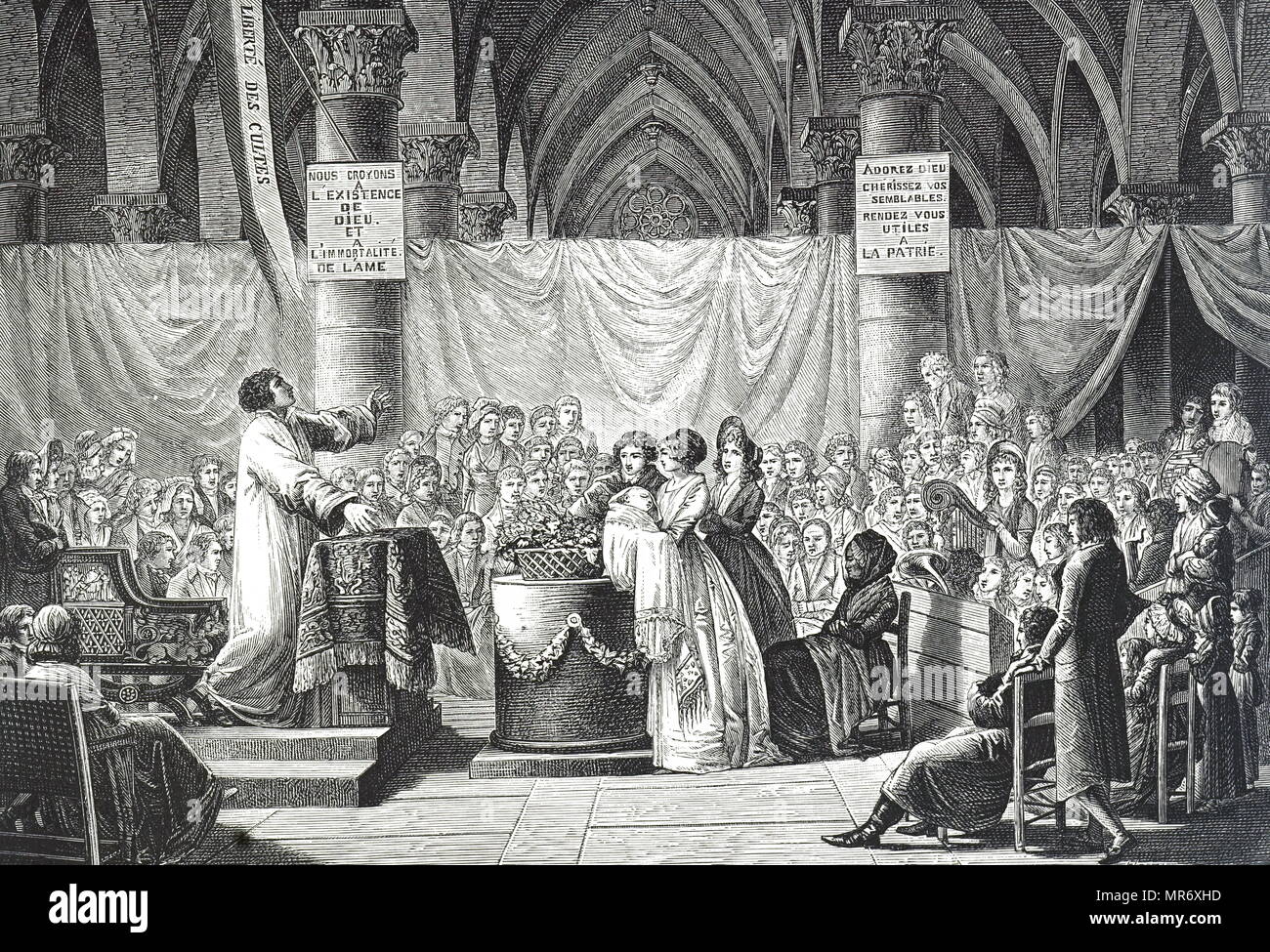 Engraving depicting a baptism during the French Revolution. Dated 18th ...