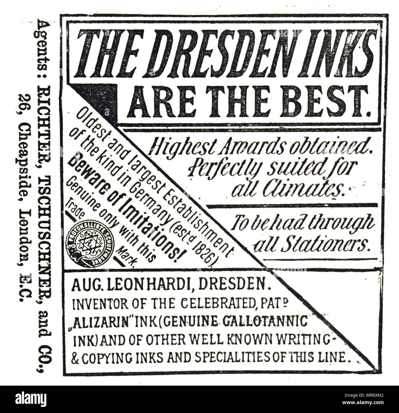 Advertisement for 'The Dresden Inks' writing inks. Dated 19th century ...