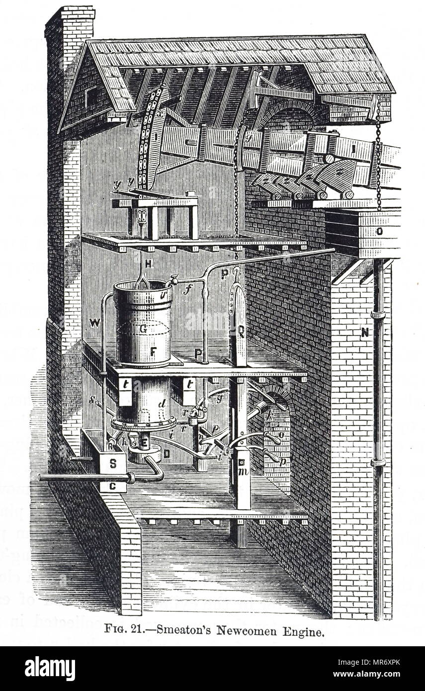 Engraving depicting smeaton's adaptation of Newcomen's atmospheric ...