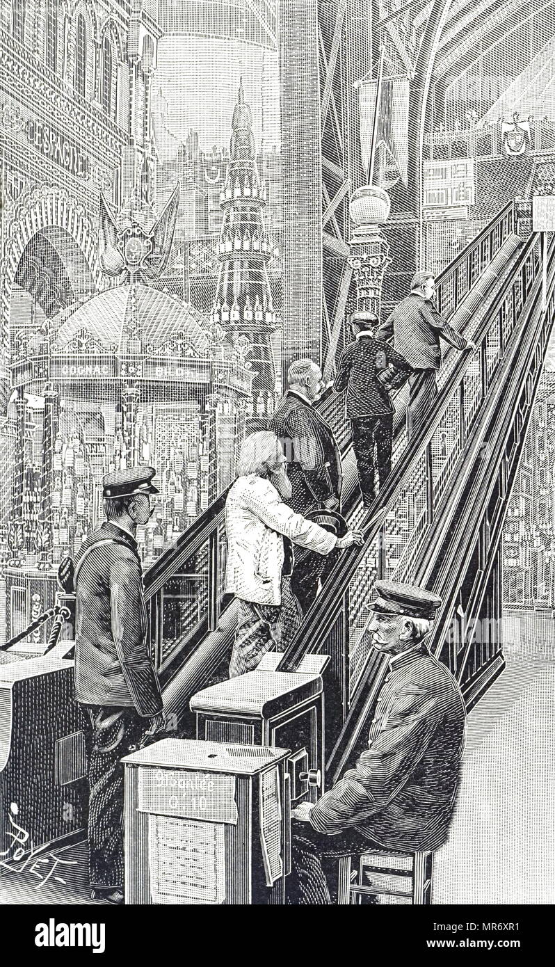 Engraving depicting an escalator in use at the Paris Exposition. The ...