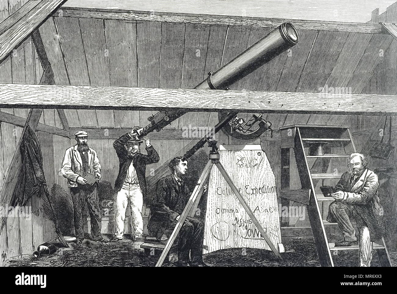 Engraving depicting the Canadian Eclipse Expedition preparing to ...