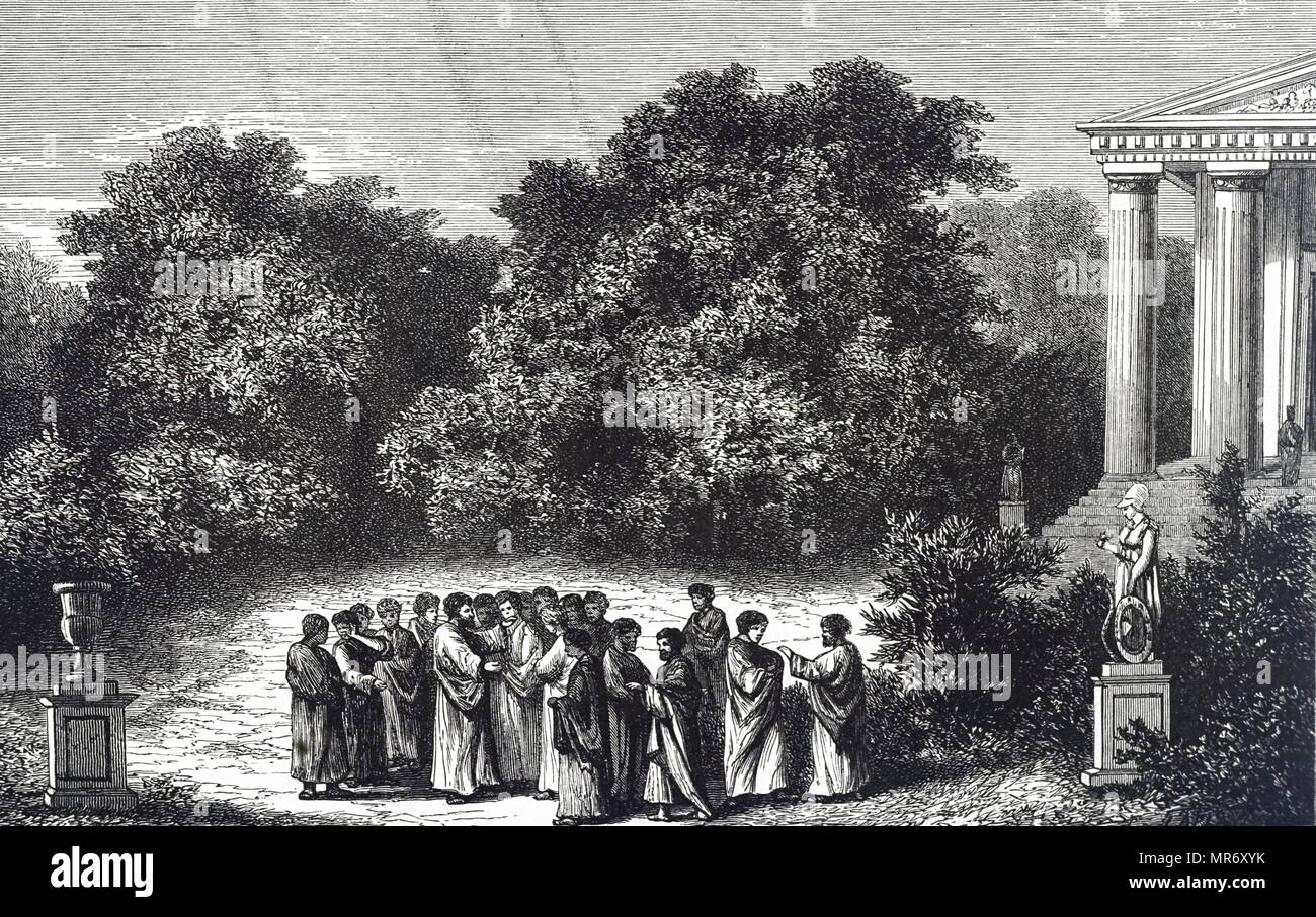 Engraving depicting Plato and his followers in the grounds of The ...