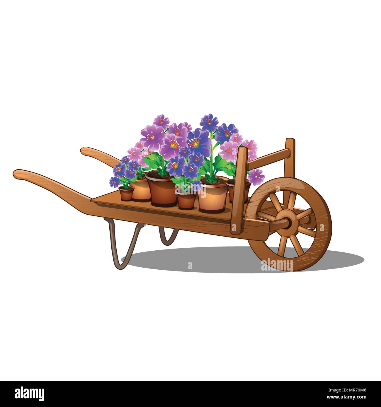 Wooden cart with potted flowers isolated on white background. Cartoon ...