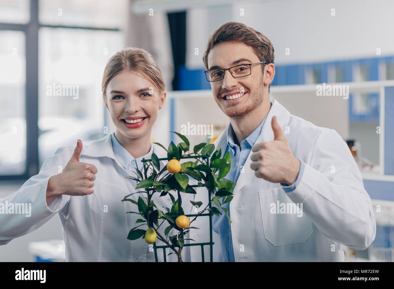 smiling biologists with lemon plant showing thumbs up in laboratory ...