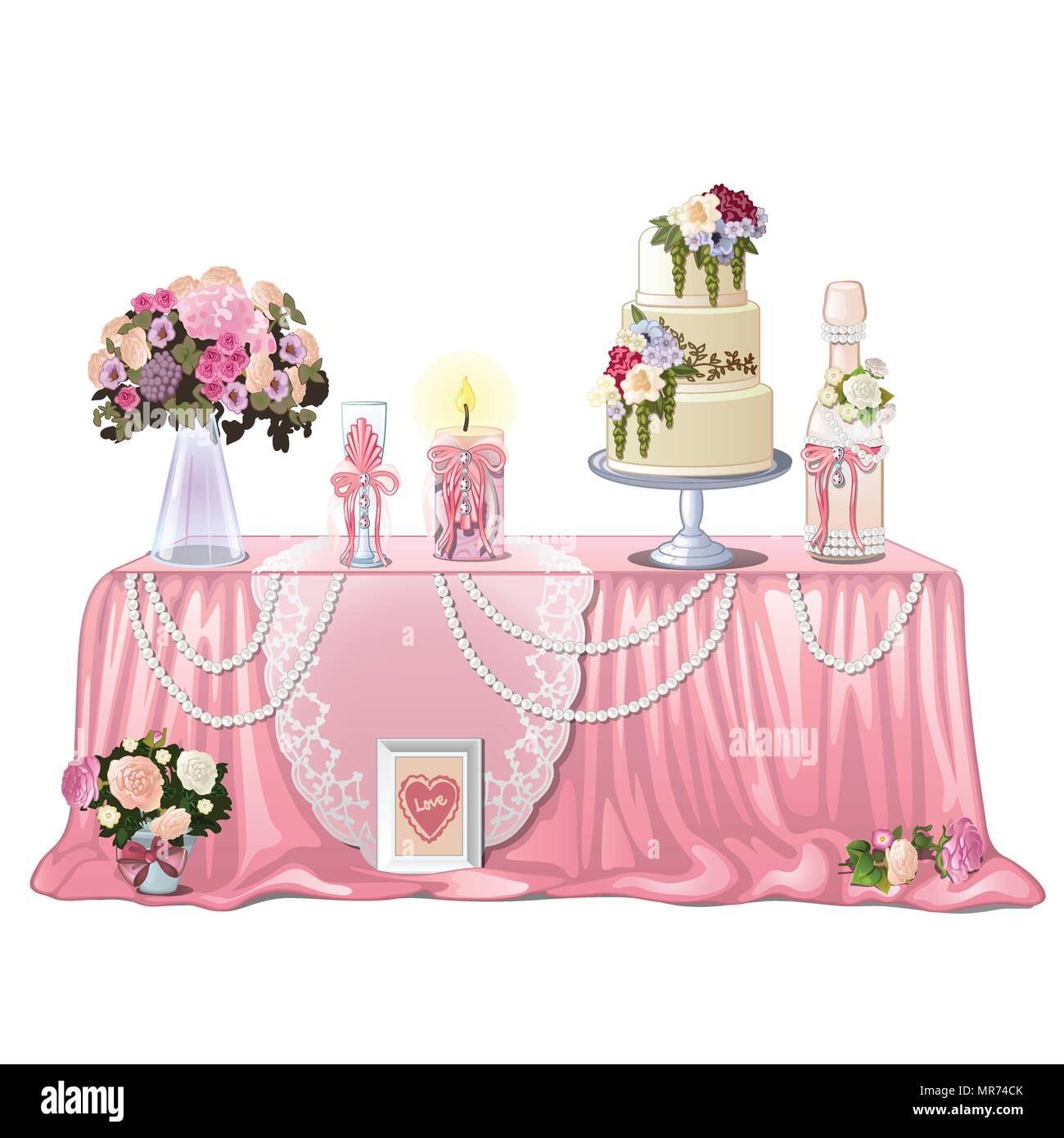 Decorated table with wedding paraphernalia isolated on white background ...