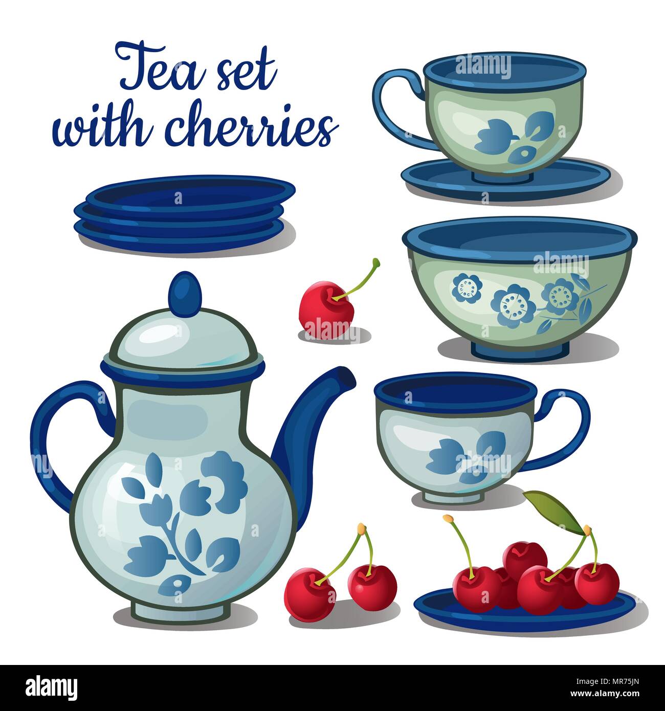 Tea set and ripe cherry isolated on a white background. Vector cartoon ...
