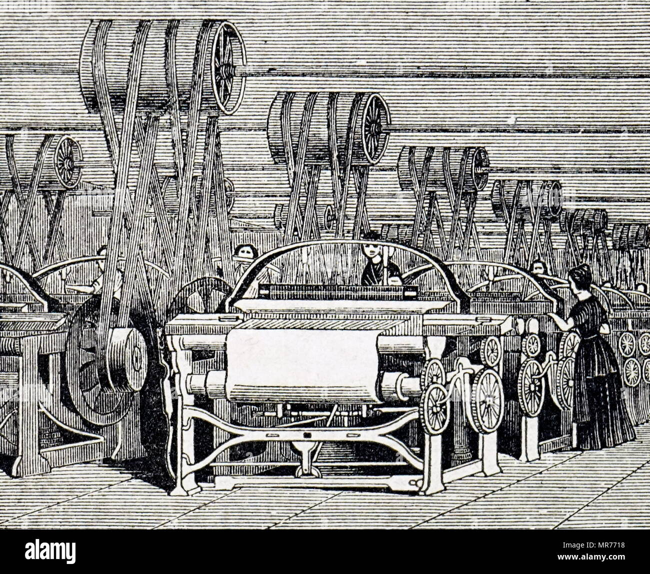 Engraving depicting a weaving shed fitted with power looms driven, via ...