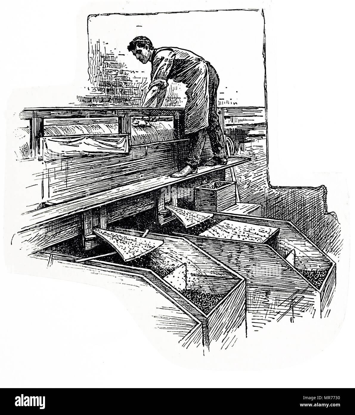 Engraving depicting the process of making lead shots: sorting shot ...