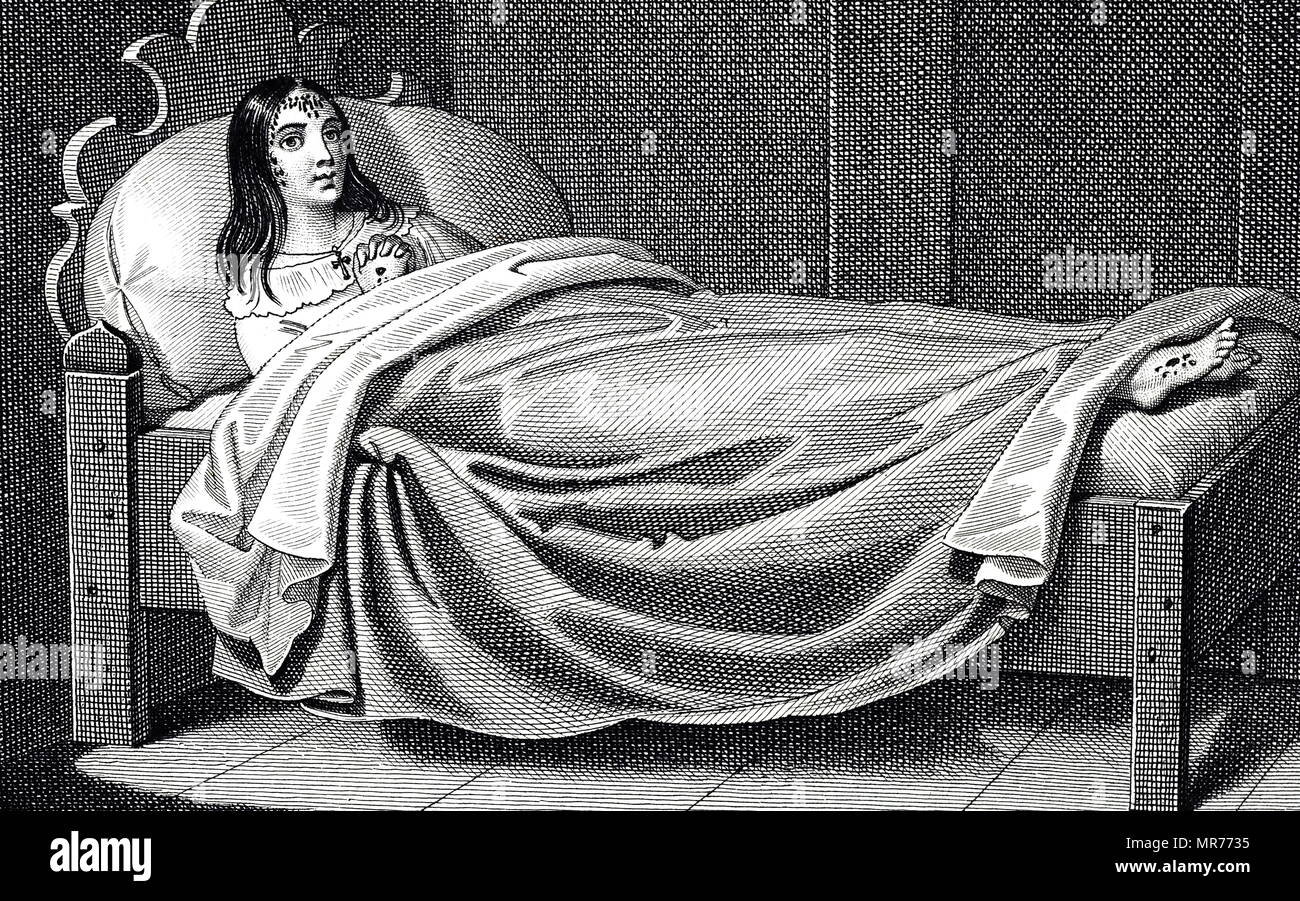 Engraving depicting Maria Domenica Lazzeri displaying the stigmata ...