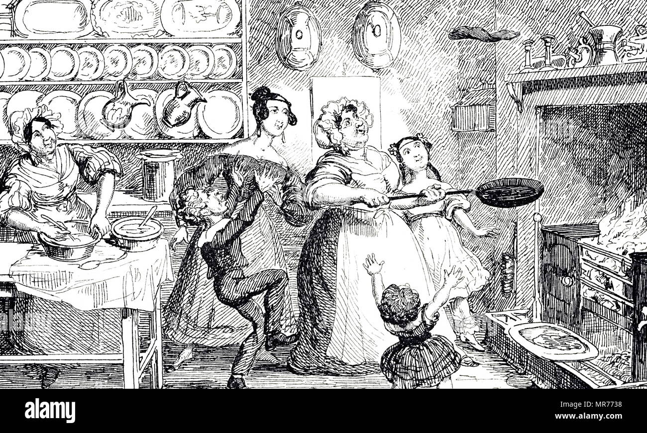 Cartoon depicting pancake tossing: this shows a typical kitchen of the ...