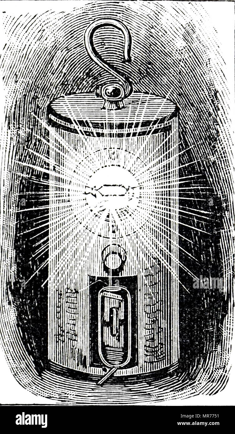 Engraving depicting Joseph Swan's combined battery-powered safety lamp ...