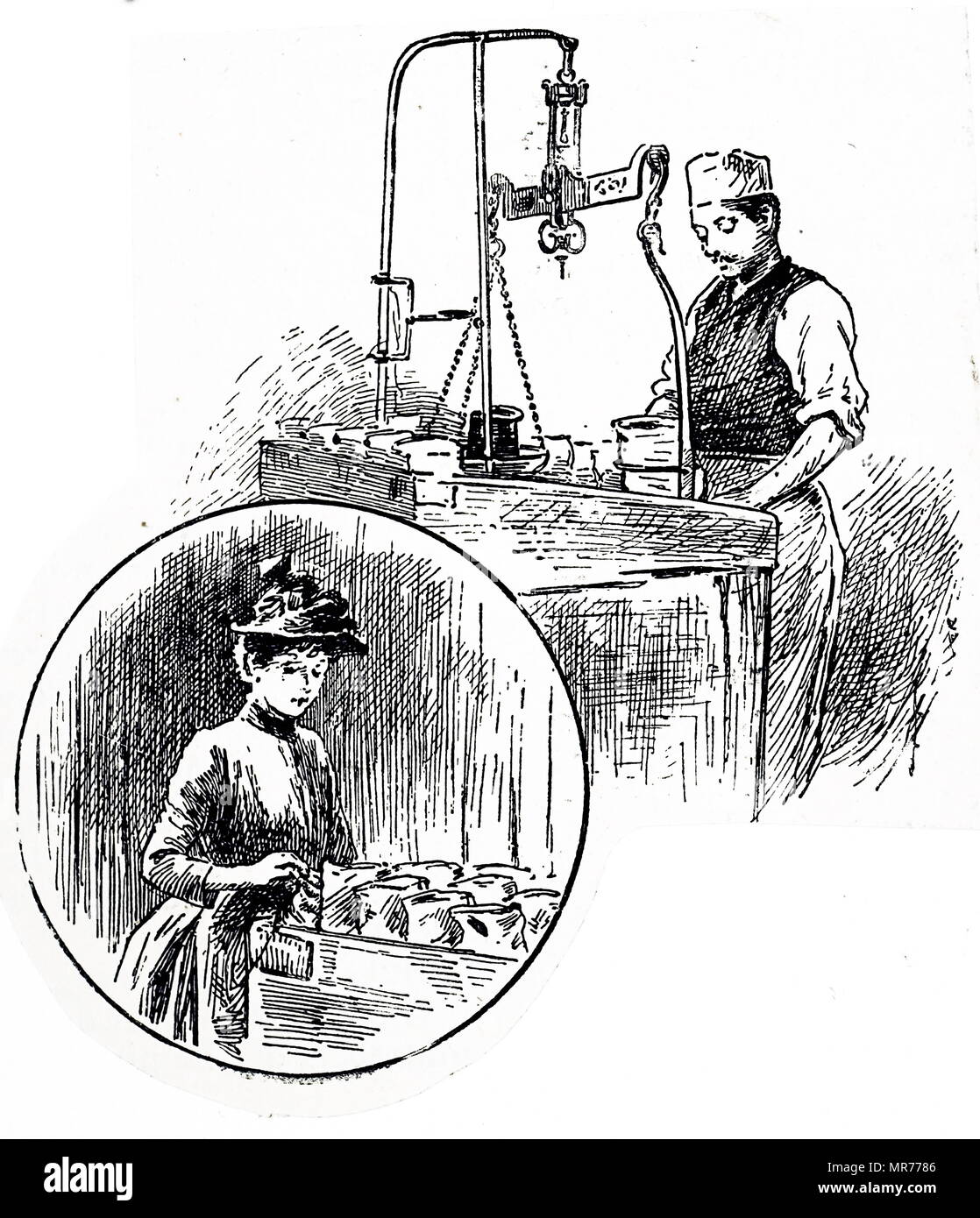 Engraving depicting the process of making lead shots: weighing shot and ...