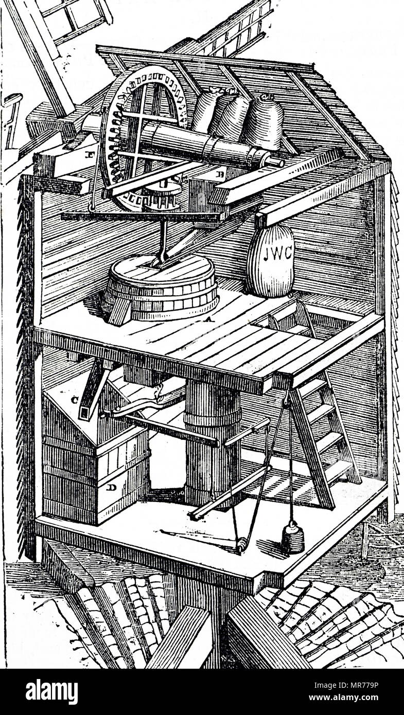 Sectional view of a post mill. Dated 19th century Stock Photo - Alamy