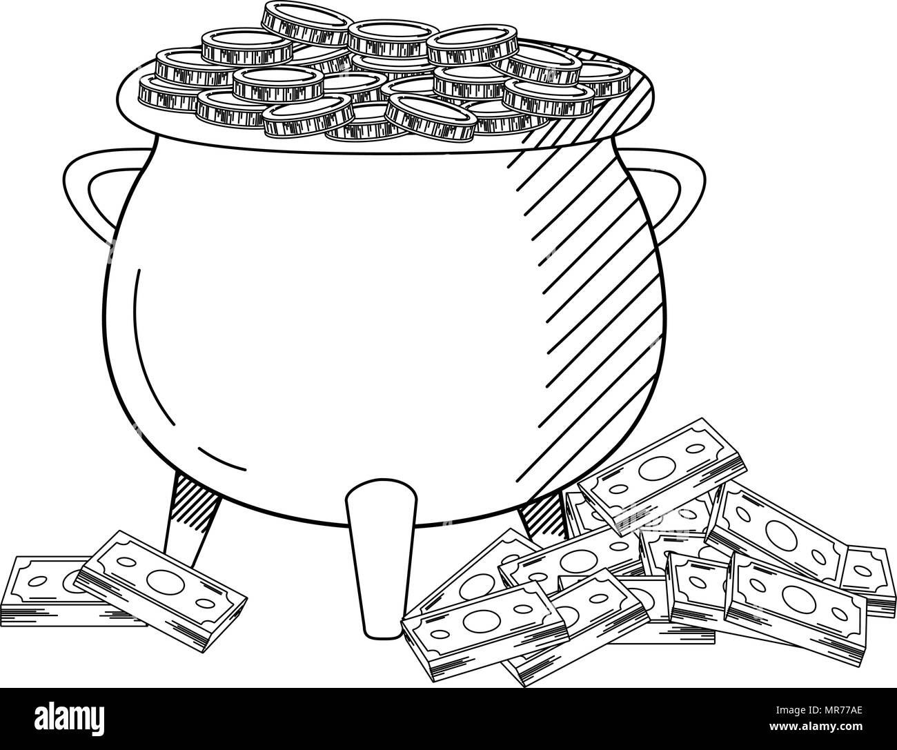 line coins cash money inside pot cauldron and bills Stock Vector Image ...