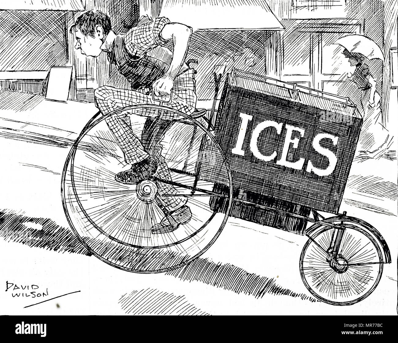 Cartoon depicting a delivery boy with an ice-cream cart. Dated 20th ...